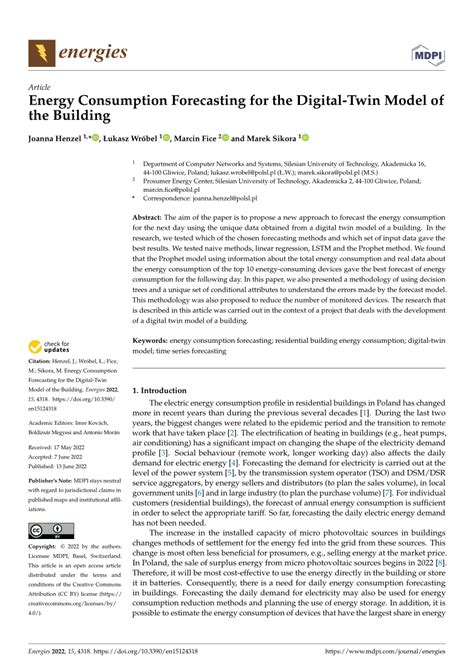 Pdf Energy Consumption Forecasting For The Digital Twin Model Of The
