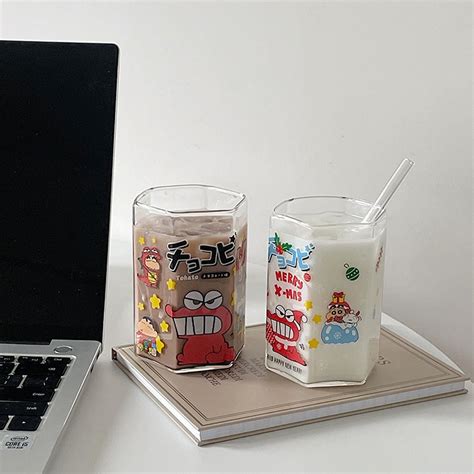 짱구 짱구 초코비 유리 컵 잔 병 세트 원형 육각 실리콘 뚜껑 내열 투명 아이스 맥주 하이볼 우유 커피 음료 위시버킷