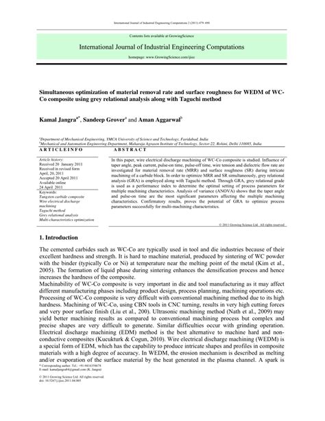 Pdf Simultaneous Optimization Of Material Removal Rate And Surface Roughness For Wedm Of Wcco