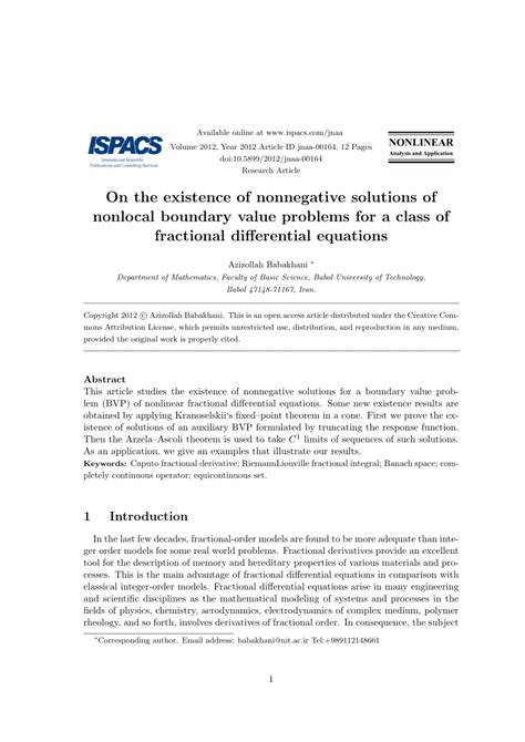 Pdf On The Existence Of Nonnegative Solutions Of Nonlocal Boundary Value Problems For A Class
