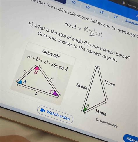 solved 1c learning 1d 1f 3 e that the cosine rule shown below can be