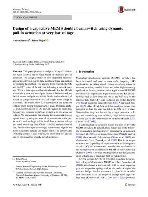 Pdf Design Of A Capacitive Mems Double Beam Switch Using Dynamic Pull In Actuation At Very Low