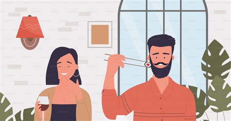 사람들 커플은 일본 카페 벡터 일러스트레이션에서 초밥을 먹는다 만화 행복한 젊은 남자 여자 캐릭터가 함께 초밥 음식을 먹고 식당 내부의 테이블에 앉아 있고 소녀가