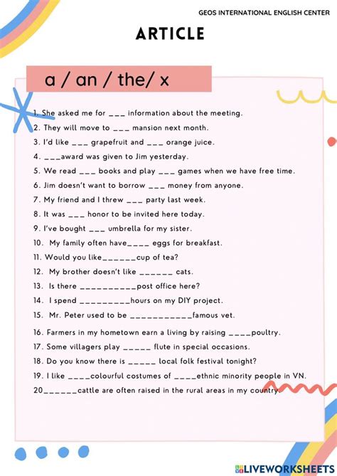 Article Grade 8 Worksheet In 2024 Definite And Indefinite Articles English As A Second