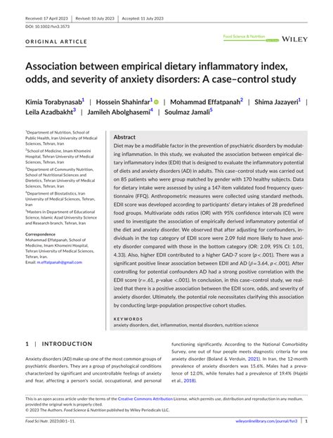 Pdf Association Between Empirical Dietary Inflammatory Index Odds And Severity Of Anxiety
