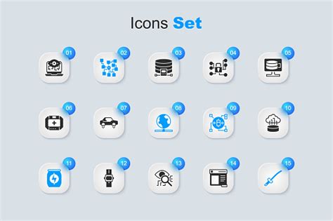 브라우저 창 환상적인 비행 자동차 신경망 에너지 드링크 카타나 네트워크 클라우드 연결 컴퓨터 비전 및 글로벌 기술 아이콘을 설정합니다 벡터 검에 대한 스톡 벡터 아트 및