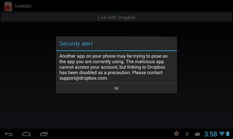 Android Integrate The Dropbox In My Application Which Show Security