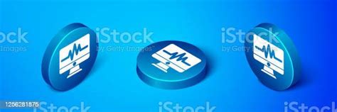 파란색 배경에 격리 된 심장 아이콘이있는 등색 컴퓨터 모니터 모니터링 아이콘입니다 심전도 모니터와 심장 박동 손 그려 파란색 원