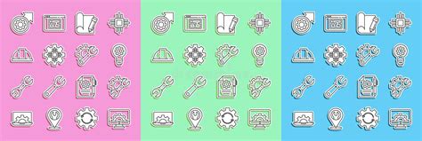 Set Line Computer Monitor And Gear Wrench Spanner Light Bulb Graphing Paper Pencil Processor