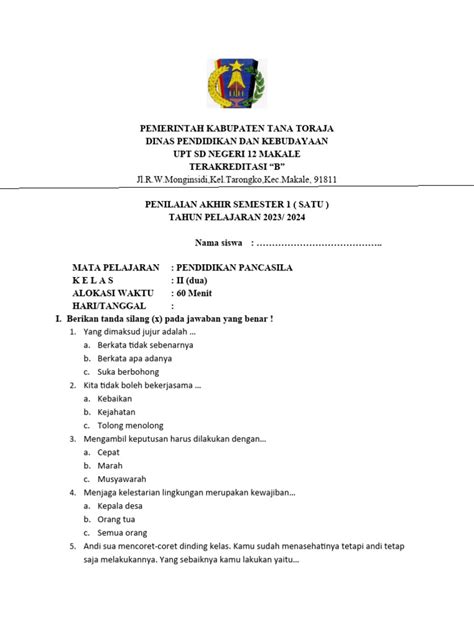 Soal Pendidikan Pancasila Kelas 2 Semester 1 Ikm Pdf