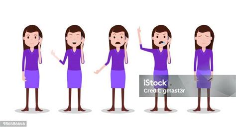 십 대 소녀 캐릭터 다른 포즈와 감정 전화 여성 템플릿 설정 디자인 작업 및 애니메이션에 대 한 흰색 배경 전체 길이 플랫 사람에 개체 그룹에 대한 스톡 벡터 아트 및 기타