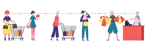슈퍼마켓 라인 사람들이 줄을 서서 식료품점에서 안전한 거리를 지키는 사회적 인 사람들 남자와 여자는 사회적 거리 벡터 일러스트를