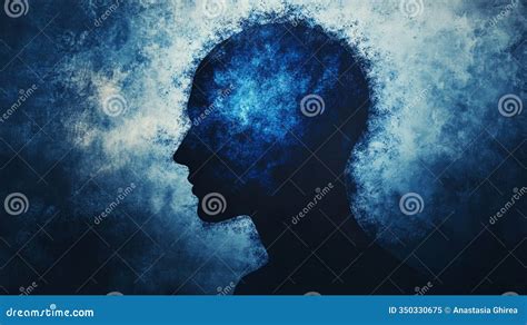 Silhouette Of A Human Head Filled With Swirling Blue Clouds Depicting Thoughts And Emotions