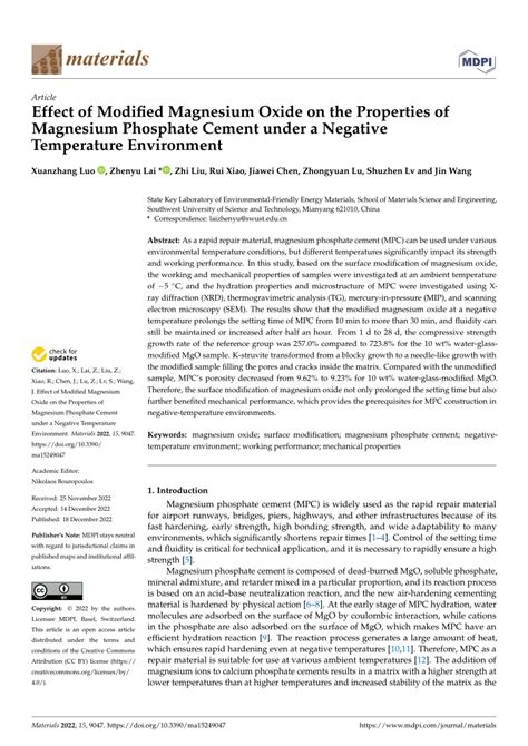 Pdf Effect Of Modified Magnesium Oxide On The Properties Of Magnesium Phosphate Cement Under A