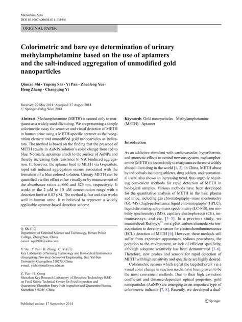 Pdf Colorimetric And Bare Eye Determination Of Urinary Methylamphetamine Based On The Use Of