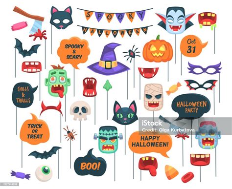 할로윈 소품 사진 부스 필수 연설 거품 텍스트 부 트릭 또는 위협과 휴일 기호 좀비와 마녀 모자 뱀파이어 호박과 박쥐 벡터 만화 고립 세트 할로윈에 대한 스톡 벡터 아트 및