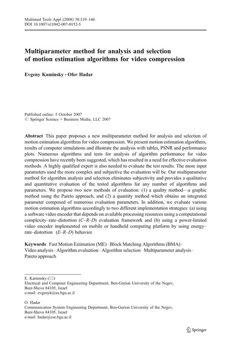 Pdf Multiparameter Method For Analysis And Selection Of Motion Estimation Algorithm For Video