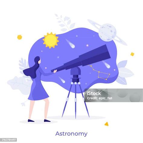 astronomer observing sky with celestial bodies using telescope concept