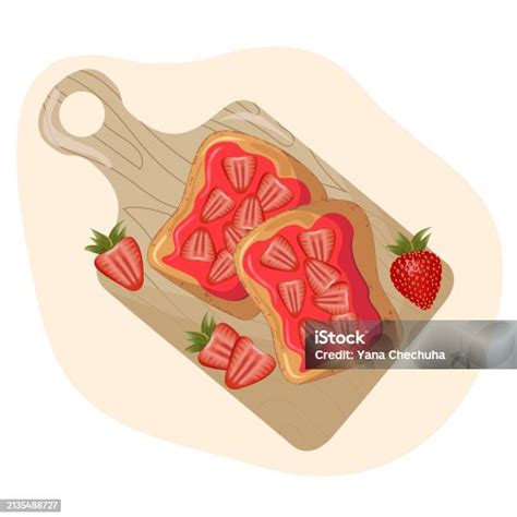 부엌 보드에 달콤한 토스트 아침 식사로 딸기 조각과 함께 구운 빵의 만화 고립 조각 딸기 잼을 곁들인 구운 빵 벡터 일러스트 레이 션 0명에 대한 스톡 벡터 아트 및 기타