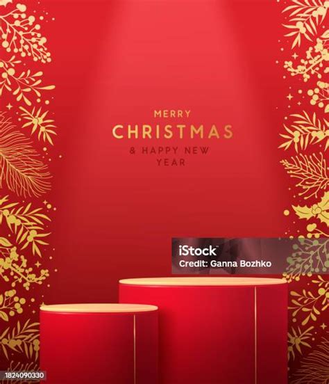 휴일 크리스마스 쇼케이스 빨간색 배경 와 3d 연단과 크리스마스 꽃 장식 새해 포스터 또는 인사말 카드 벡터 일러스트 레이 션 크리스마스에 대한 스톡 벡터 아트 및 기타