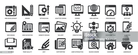 웹 개발 글리프 솔리드 아이콘 컬렉션 웹 디자인 코딩 세트 웹 페이지를 포함합니다 최소한의 아이콘과 기호 시리즈 벡터 일러스트 레이 션 Saas에 대한 스톡 벡터 아트 및