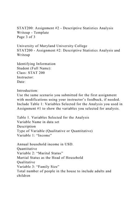 Stat200 Assignment 2 Descriptive Statistics Analysis Writeup Docx