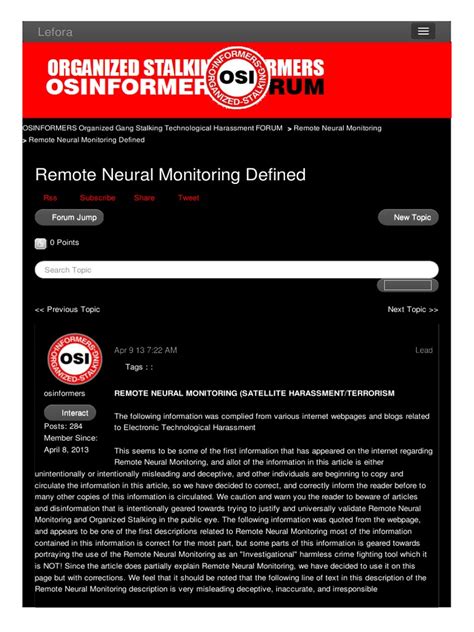 Strahlenfolter Stalking Ti V2k Remote Neural Monitoring Defined