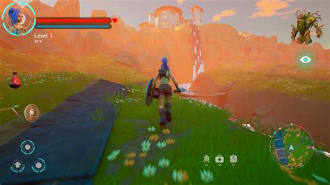 비디오 게임 모형 아름다운 3d 영역을 배경으로 한 비디오 게임에서 재생 가능한 캐릭터가 부활합니다 여성 영웅 캐릭터가 모험을 떠나 지도에 표시된 목표를 향해 달리는 판타지