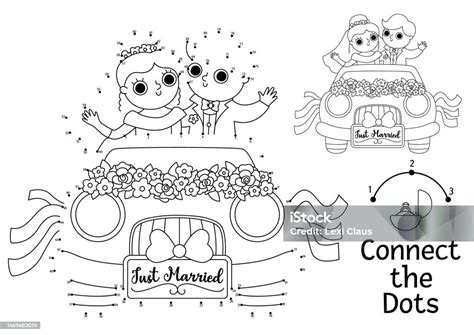 벡터 도트 투 도트와 컬러 활동은 귀여운 결혼 한 부부와 함께합니다 결혼식은 신혼 여행을가는 신부 신랑과 아이들을위한 점 게임을 연결합니다 아이들을 위한 결혼식 색칠하기