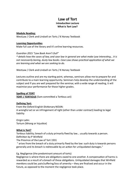 Lecture Notes Tort Introduction Law Of Tort Introduction Lecture What Is Tort Law Module