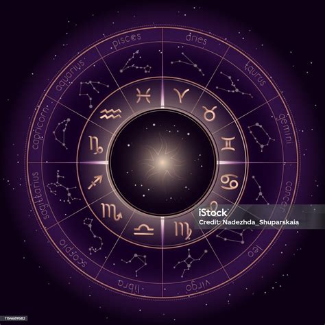 별자리 원 벡터 일러스트 레이 션 기하학 패턴으로 별이 빛나는 밤하늘 배경에 조디악 기호 및 점성술 별자리 3차원 형태에 대한