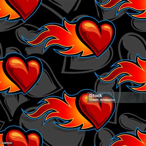사랑의 마음과 불 불꽃 벡터 아트 그래픽 발렌타인 데이 포장지 엽서 벽지 및 불꽃 벡터 삽화가 있는 직물 공이 있는 사랑 패턴 매끄러운 패턴 디자인 태우기에 대한 스톡 벡터