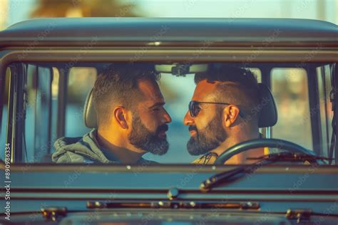 Romantic Gay Couple Sharing A Passionate Kiss Inside A Luxury Car