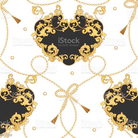 골든 체인 패션 패브릭 완벽 한 패턴입니다 직물 벽지 스카프에 대 한 보석 요소와 고급 바로크 배경 패션 디자인 벡터 일러스트 0명에 대한 스톡 벡터 아트 및 기타 이미지