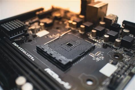 Black Motherboard Cpu Socket With Components Circuit Board Close Up