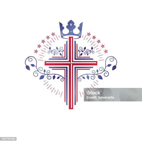 종교적 그래픽 상징 크로스 군주 크라운 및 꽃 화려한 가톨릭 십자가 사용 하 여 만들어집니다 팔의 문장 학 외 투 빈티지 벡터에 고립 된 흰색 배경 서명 고딕 양식에 대한
