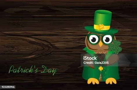 전통적인 녹색 양복과 패 트 릭의 날에 안경 올빼미 인사말 카드 Owlet와 귀하의 광고 또는 텍스트에 대 한 여유 공간입니다 나무 배경 벡터 일러스트 레이 션 3월에 대한