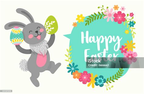 행복한 부활절 만화 스타일 부활절 귀여운 벡터 토끼 계란과 꽃 인사말 카드 가공의 인물에 대한 스톡 벡터 아트 및 기타 이미지