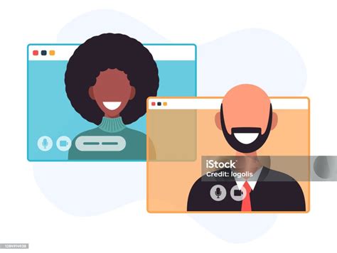 화상 통화를 통해 이야기하는 행복한 두 사람의 그림 미소 짓는 남성과 여성은 원격으로 일하고 의사 소통을합니다 플랫 디자인의 팀 미팅 벡터 일러스트레이션 2명에 대한 스톡
