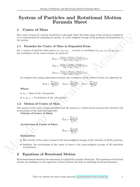 System Of Particles Formula Sheet Pdf Rotation Around A Fixed Axis Torque