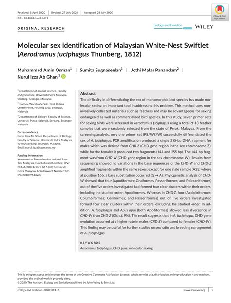 Pdf Molecular Sex Identification Of Malaysian White‐nest Swiftlet Aerodramus Fuciphagus