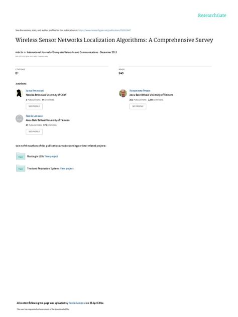 Wireless Sensor Networks Localization Algorithms A Comprehensive Survey Pdf Wireless Sensor