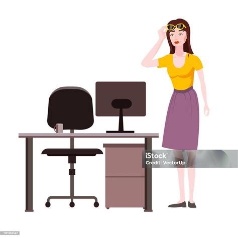 스크린 노트 사무 테이블 의자에 표정이 충격적인 안경을 올리는 감정 여자 깜짝 벡터 일러스트 레이션 고립 만화 스타일 관능에 대한 스톡 벡터 아트 및 기타 이미지 Istock