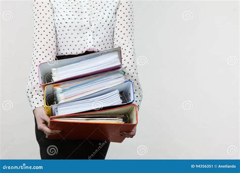 Woman Holding Heavy Colorful Binders With Documents Stock Image Image Of Carrying Folder