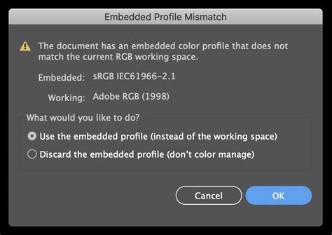 can t open files with embedded profile mismatch adobe product