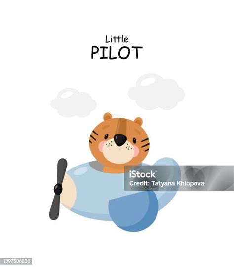 귀여운 호랑이가 비행기에서 날고 있습니다 만화 스타일 벡터 일러스트레이션 카드 포스터 배너 어린이 책 팩에 인쇄 옷 직물 벽지 섬유 또는 접시에 인쇄 0명에 대한 스톡 벡터