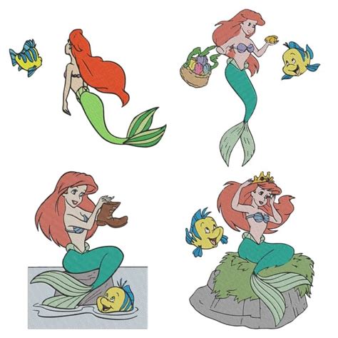 The Little Mermaid Ariel And Flounder Mermaid On Rock And With