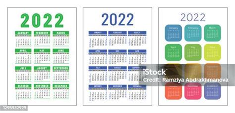 캘린더 2022 년 세트 벡터 포켓 또는 벽 캘린더 템플릿 컬렉션입니다 심플한 디자인 주는 일요일에 시작됩니다 0명에 대한 스톡