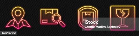 방패 지도 용지에 자리 표시자 검색 패키지 및 깨지기 쉬운 깨진 유리와 라인 배달 팩 보안을 설정합니다 빛나는 네온 아이콘입니다 벡터 감시에 대한 스톡 벡터 아트 및 기타