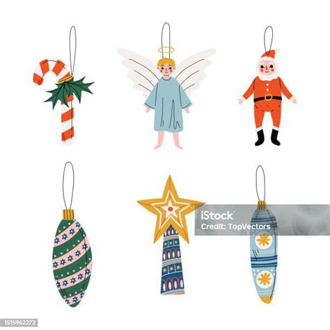 크리스마스 싸구려 세트 사탕 지팡이 산타 클로스 천사 크리스마스 트리 장식 만화 벡터 일러스트레이션 스타 12월에 대한 스톡 벡터 아트 및 기타 이미지 Istock